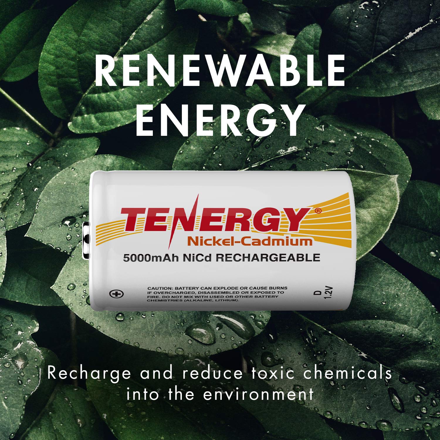Tenergy D Size 5000mAh NiCd Button Top Rechargeable Batteries, 8 Pack