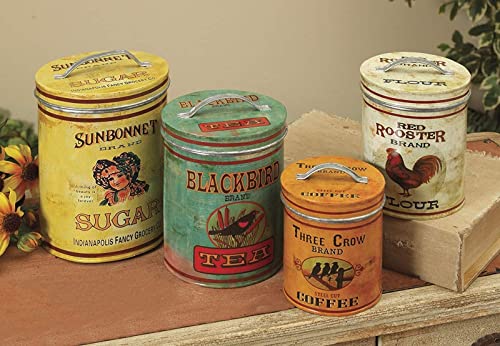 Set of 4 Large Vintage Antique Style Round Metal Nesting Kitchen Canisters with Lids Sugar Tea Coffee and Flour