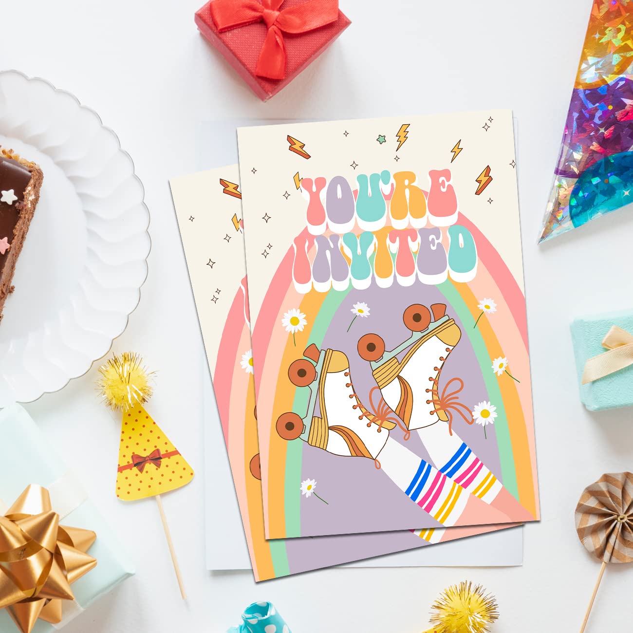 Retro Roller Skate Birthday Party Invitations with Envelopes Set of 20 Let's Roll Skating Party Invitations Kids Rainbow Skate Invites Fill in Blank