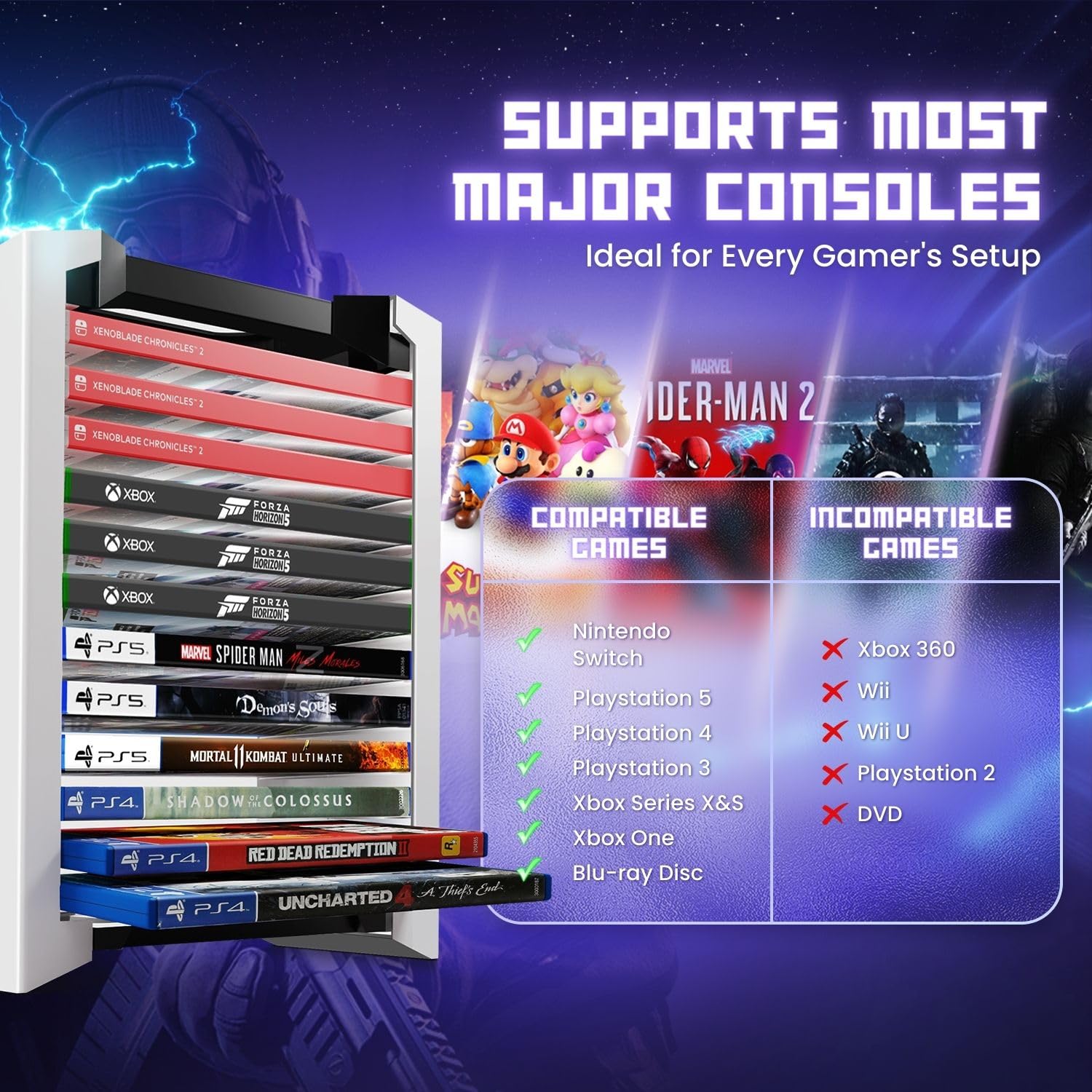TNP Universal Video Game Storage Tower for PS5, PS4, PS3, Nintendo Switch, Xbox One, Xbox Series S/X - White Video Game Holder Organizer Stand with 12 CD Case Storage for Organizing & Displaying