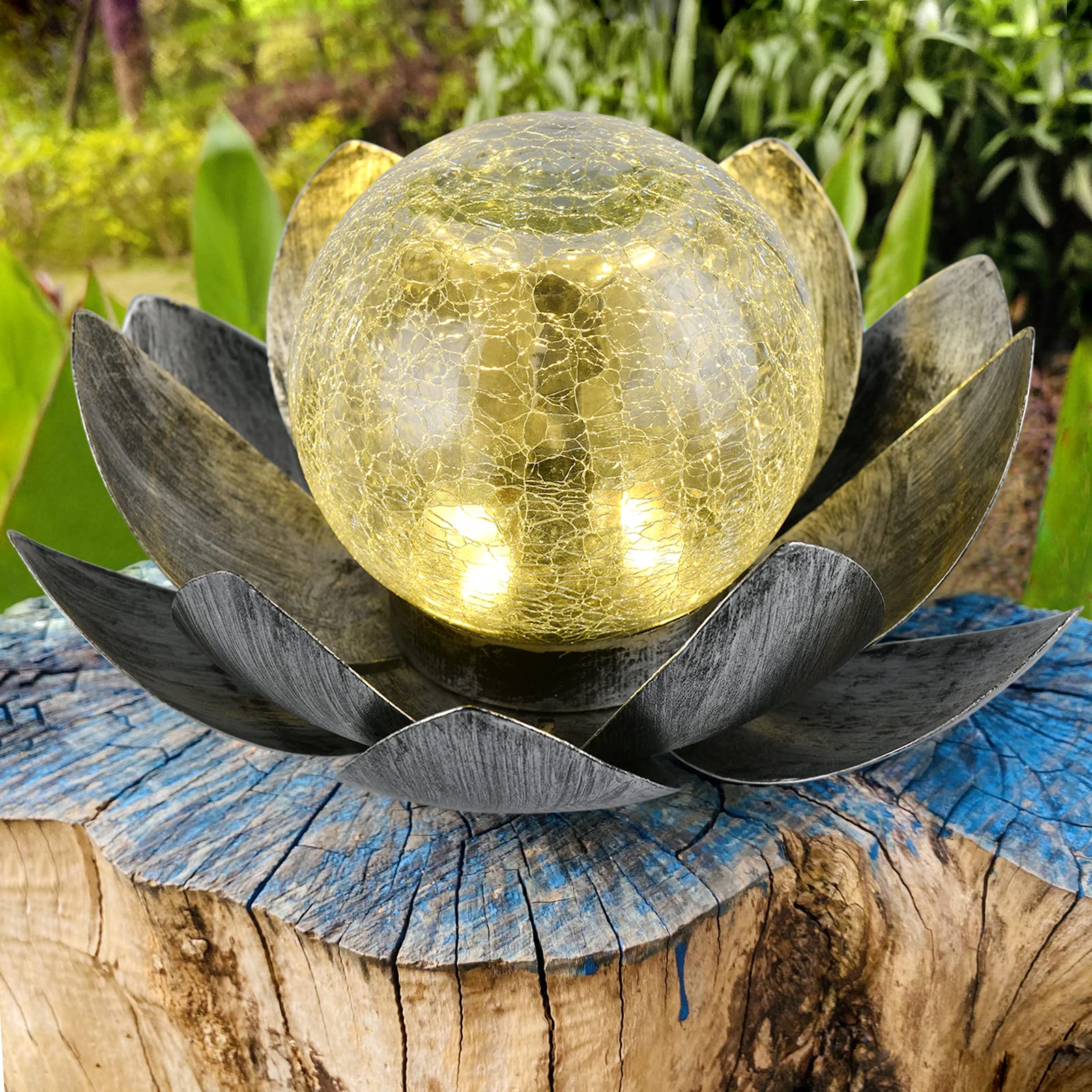 Solar Lotus Metal Flower Light Outdoor Waterproof Garden LED Powered Amber Crackle Ball Lamp for Lawn Patio Yard Tabletop Decor (Lotu - Grey A1)