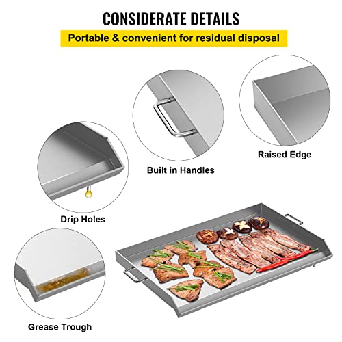 VEVOR Stainless Steel Griddle,32" X 17" Universal Flat Top Rectangular Plate, BBQ Charcoal/Gas Grill with 2 Handles and Grease Groove with Hole,Grills for Camping, Tailgating and Parties
