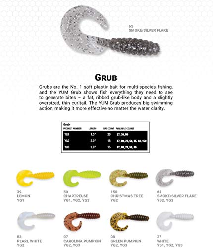 Yum Lures Grub Multi-Species Curly-Tail Swim-Bait Fishing Lure, White, 2" (18 Pack)
