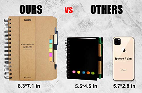 SAIBANG A5 Spiral Notebook Business Notepad with Pen in Holder and Sticky Notes Index Tabs Page Markers for School Office, 18 by 21 cm, 60 Sheets Totally, Kraft Cover (Khaki)