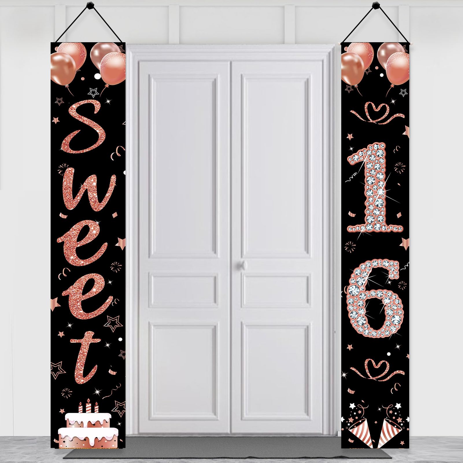 Happy 16th Birthday Decorations Door Banner for Girls, Rose Gold Sweet 16 Birthday Porch Sign Party Supplies, Sweet Sixteen Year Old Birthday Props Decor for Outdoor Indoor