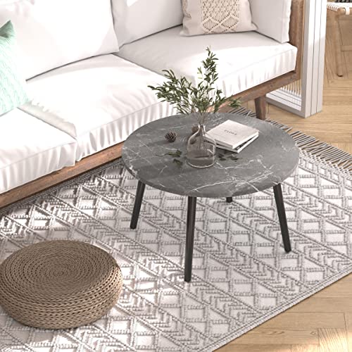 WiberWi Round Coffee Table 23.6β Small Coffee Tables for Living Room Faux Grey Marble Top Modern Circle Table Sturdy Black Solid Wood Legs Cocktail Table End Table