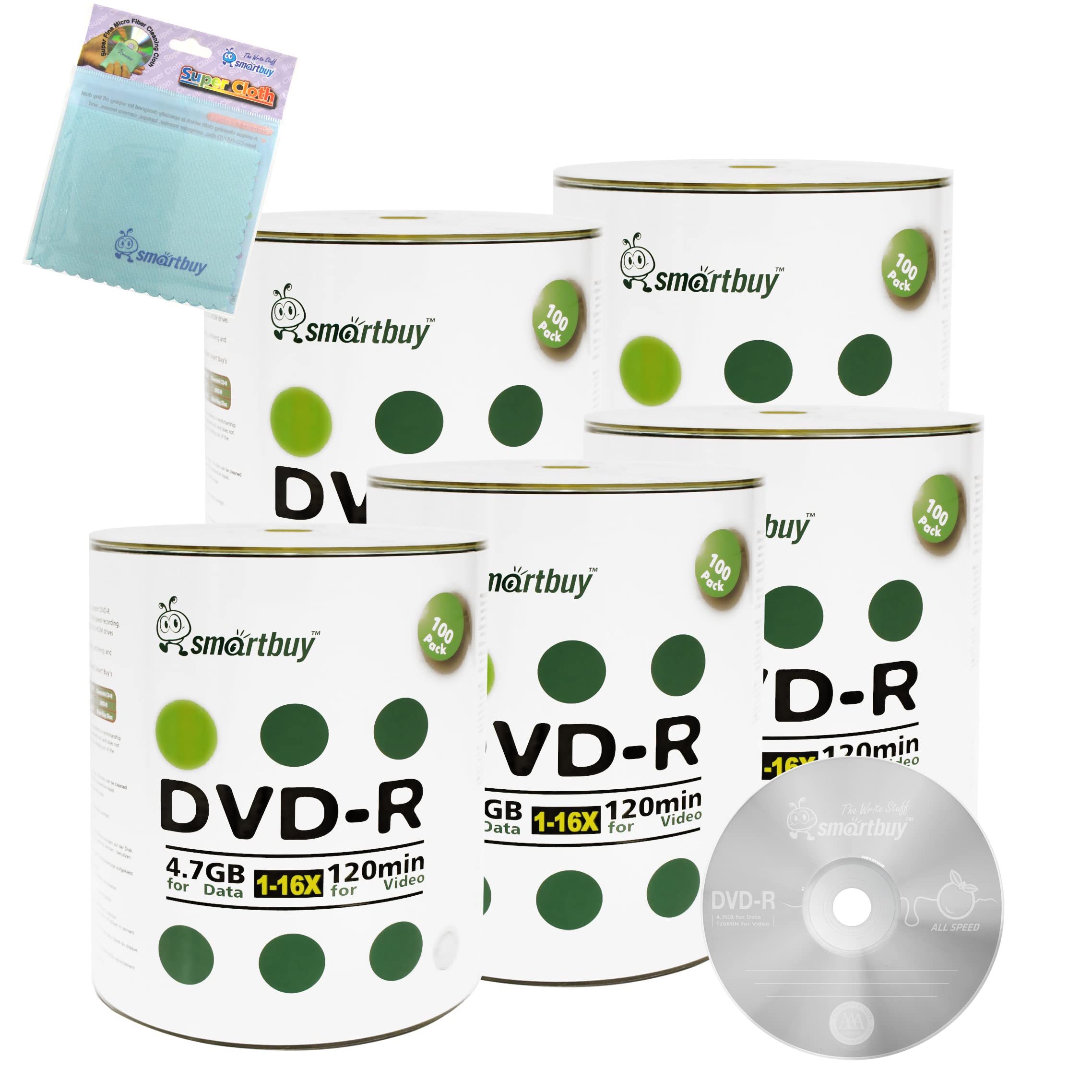 Smartbuy 500-disc 4.7GB/120min 16x DVD-R Logo Top Blank Media Record Disc + Free Micro Fiber Cloth