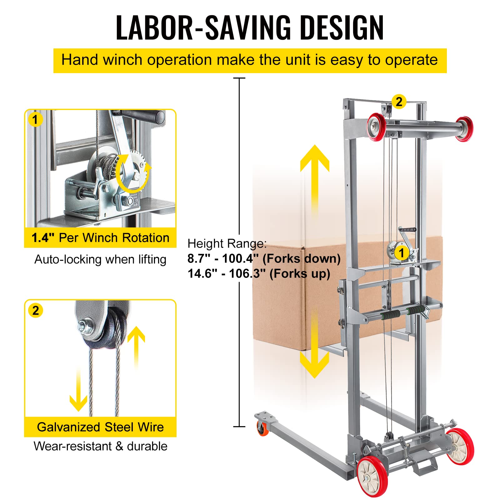 VEVOR Manual Winch Stacker, 41.7"L x 25.8"W Hand Winch Lift Trucks w/ 8.7" β 106.3" Height Range, with 441 lbs Capacity and Adjustable Straddle, Material Lifts for Warehouse and Factory