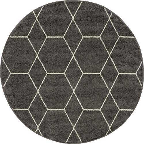 Unique Loom Trellis Frieze Collection Area Rug - Geometric (4' 1" Round, Dark Gray/ Ivory)