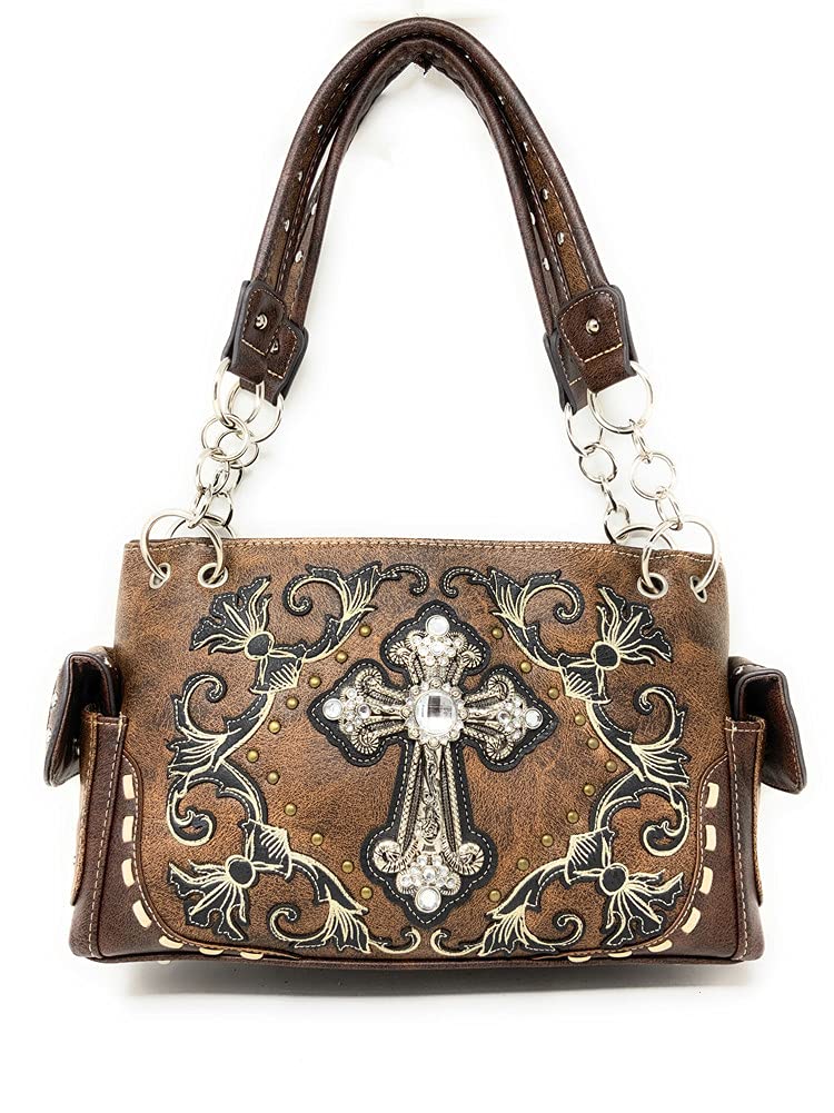 Western Premium Suede Leather Cross Buckle Floral Women's shoulder handbag Wallet Set (Coffee Floral Cross Set)