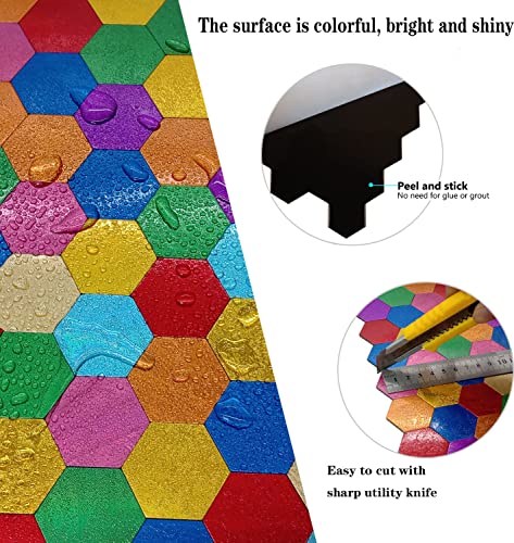 XUANINY Peel and Stick Backsplash Tiles, Rainbow Hexagon Aluminum Surface Metal Mosaic Sticker, Rainbow-Colored Wall Sticker for Living Room, RV,Bar (11.45"x11.02") (11, Hexagon Rainbow Colored)