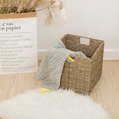 StorageWorks Rectangular Wicker Baskets for Shelves, Seagrass Hand-Woven Baskets with Linings, Medium, 10 ¼ x 10 ¼ x 10 ¾ inches, 2-Pack