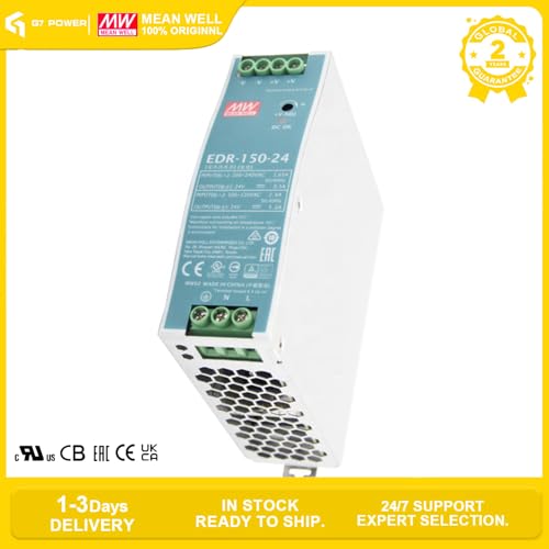 Mean Well EDR-150-24 24V 6.5A 156W/125W Industrial DIN Rail Power Supply - Rugged, Reliable Performance, Wide 90-264VAC Input, Extended -20°C~+60°C Operating Temperature Range