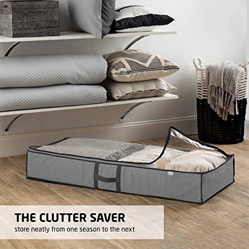 Zober Under Bed Storage - Pack of 2 Under Bed Storage Containers for Clothes, Blankets, Winter Clothing, & Shoes - Under The Bed Storage with Handles, Dual Zippers, & Clear Top (Gray)