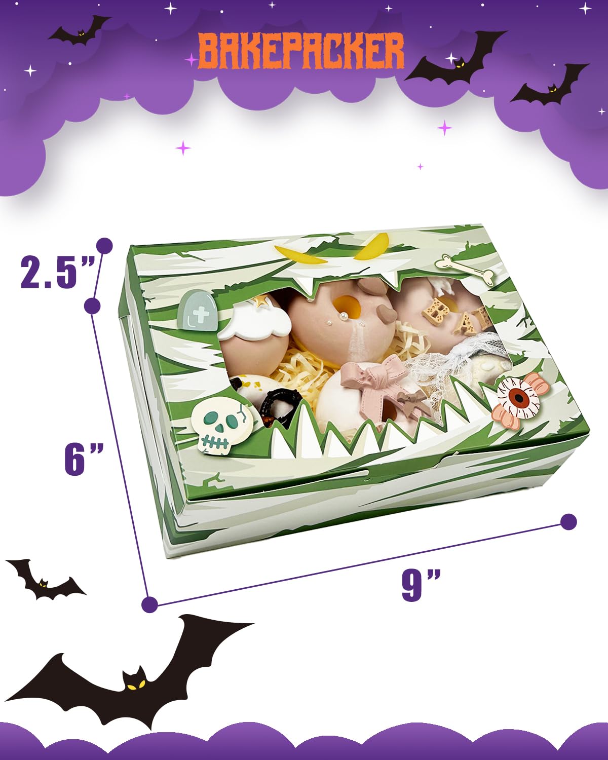 Halloween Bakery Boxes with Window 9x6x2.5 inches Pastry Boxes Mini Cookie Boxes for Festival Bakerys Thick & Sturdy (24 Packs)