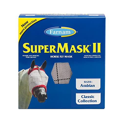 SuperMask II Fly Mask Without Ears for Smaller Horses or Arabian Horses, Full Face Coverage and Eye Protection from Insect Pests, Structured Classic Mesh with Plush Trim, Small Horse/Arabian Size