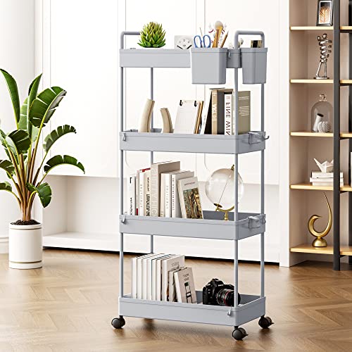SOLEJAZZ Rolling Storage Cart, 4 Tier Bathroom Organizer Slide Out Utility Cart, Mobile Shelving Unit Organizer Standing Rack for Kitchen, Bathroom, Laundry Room, Gray