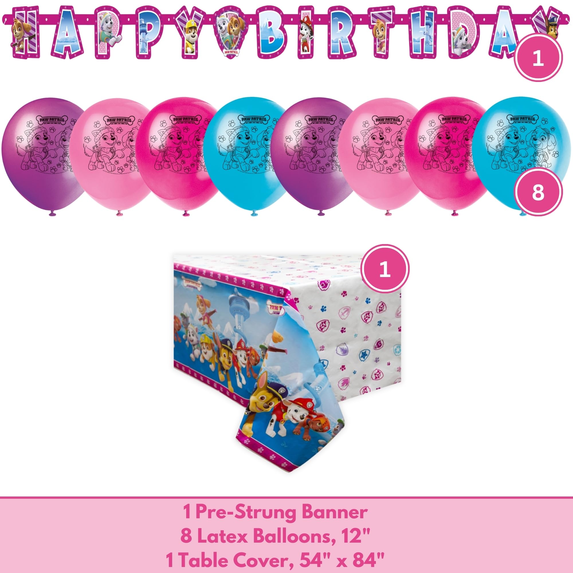 Skye Paw Patrol Birthday Decorations Girl Pack - 16 Guests - Paw Patrol Girl Plates and Napkins, Table Cover, Banner, Balloons, Checklist - Pink Skye Paw Patrol Party Supplies