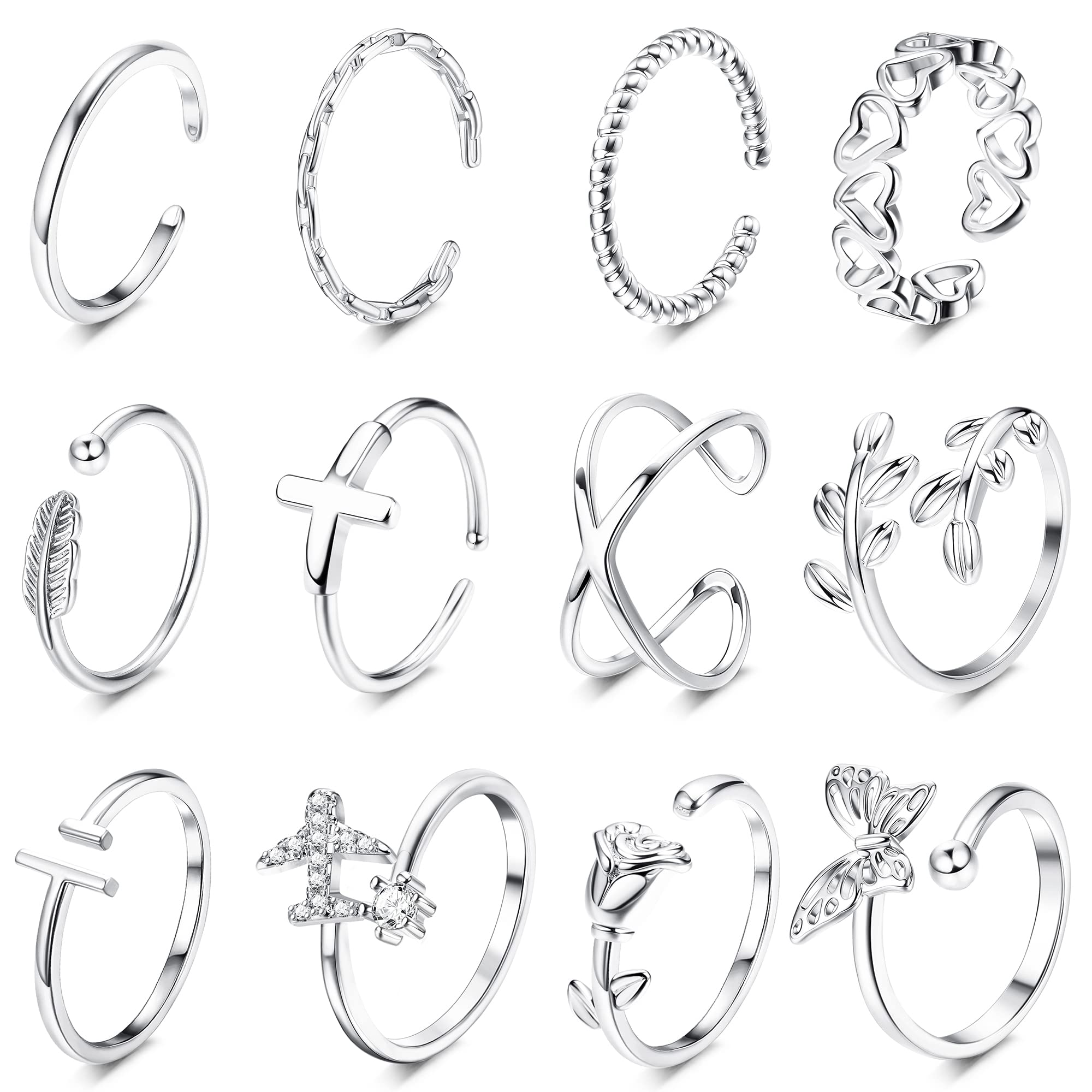 FIBO STEEL 12 Pcs Open Adjustable Rings Set for Women Stackable Finger Rings Pack Cute Twist Butterfly Heart Chain Link Rings Minimalist Rings Set Silver Tone