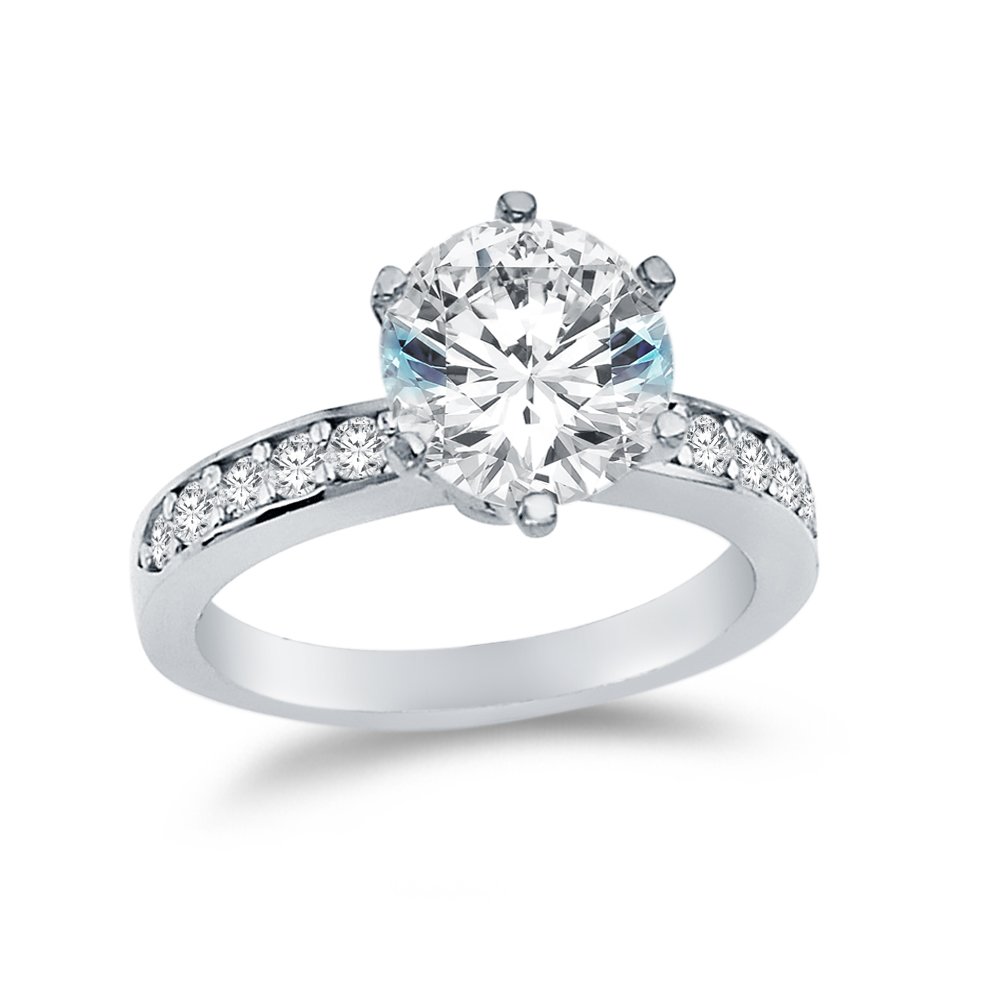 Size - 7 - Solid 14k White Gold Round Cut Wedding Engagement Ring with Side Stones, CZ Cubic Zirconia (3 ct.)