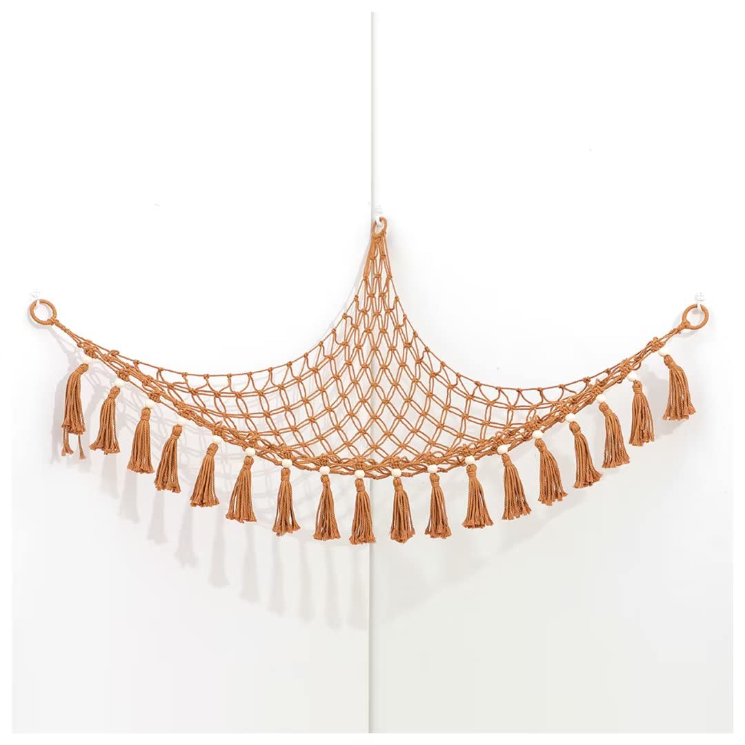 JIELAIMI Stuffed Animal Toy Storage Organizer, Toy Storage Hammock with Decorative Tassels Corner Large Capability Toy Net Holder (brown)