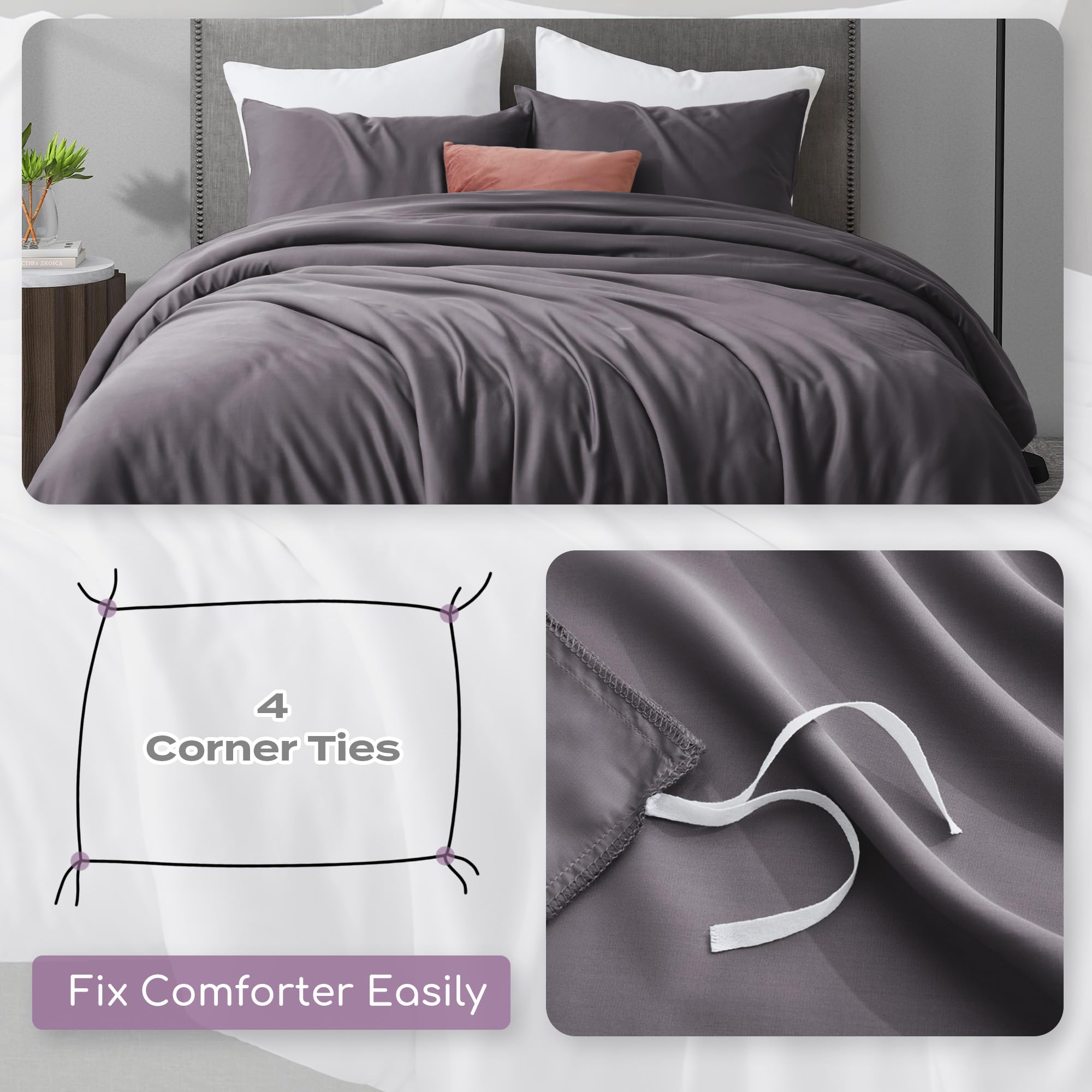 Dreamhood Queen/Full Size Viscose Derived from Bamboo Duvet Cover Set 1 Duvet Cover,2 Pillow Shams,Luxuriously Soft Cooling Smooth 3 Piece Set with 4 Corner Ties (Dark Grey,90"×90")
