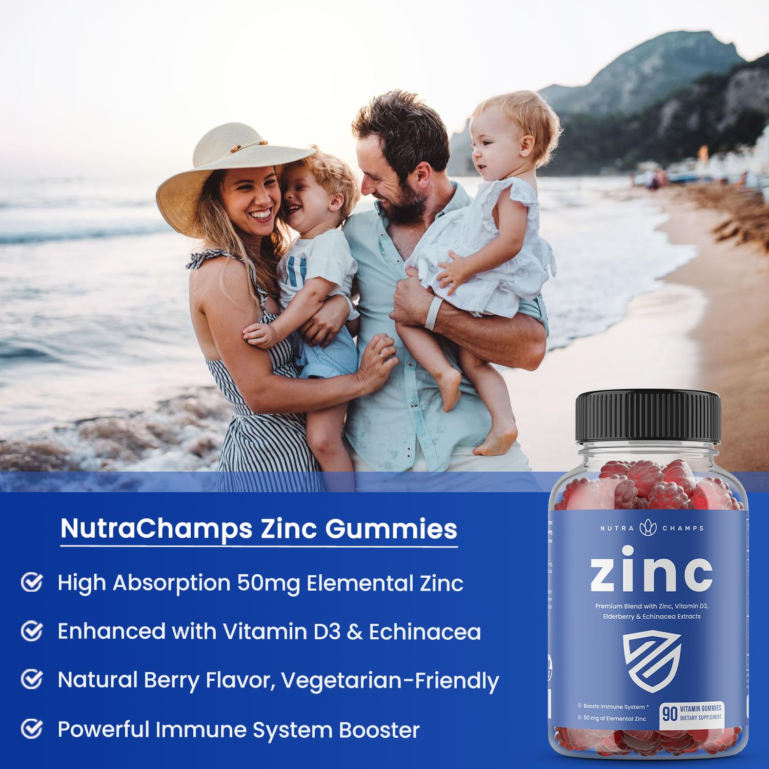 Zinc Gummies | 4-in-1 Zinc Gummies Adult | Zinc Chewable 50mg | Chewable Zinc Supplement Gummies with Vitamin D3 2000 IU, Elderberry & Echinacea | Immune, Heart & Brain Support | 180 Count (2 Pack)