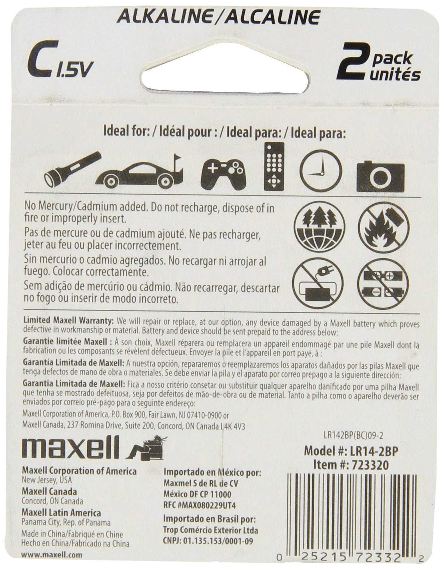 Maxell 723320 Long-Lasting High Value Dependable Alkaline Battery Ready-to-go High Compatibility C Cell 2-Pack