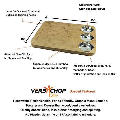 Versachop Trio, Extra Large 22 X 16 inch Cutting Boards for Kitchen, Butcher Block - Totally Natural Organic Moso Bamboo board with three Stainless Steel Bowls attached for easy chopping