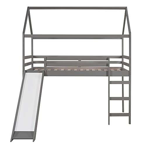 LostCat Twin Size Loft Bed with Slide, House Shaped Solid Pine Wood Bed Frame with Safety Guardrail & Ladder, No Box Spring Needed, Save Space Design for Kids, Teens, Girls, Boys, Grey