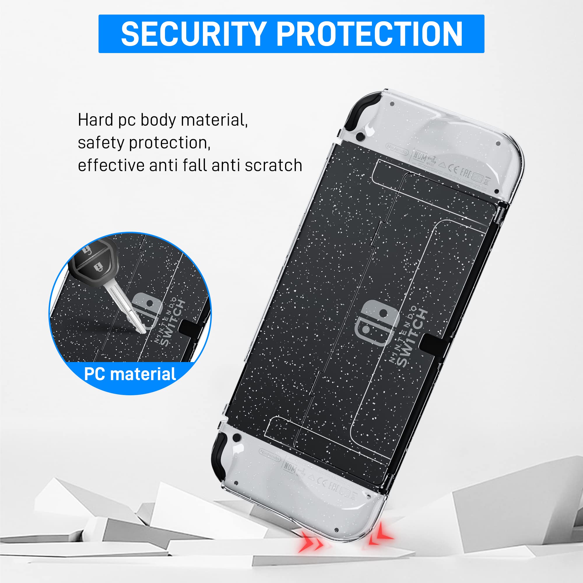RHOTALL Glitter Protective Case Kit Compatible with Nintendo Switch OLED, Dockable Hard Shell for Switch OLED Console, Soft Cover for Joycon Controller, Case Set with Screen Protector, 12 Thumb Caps