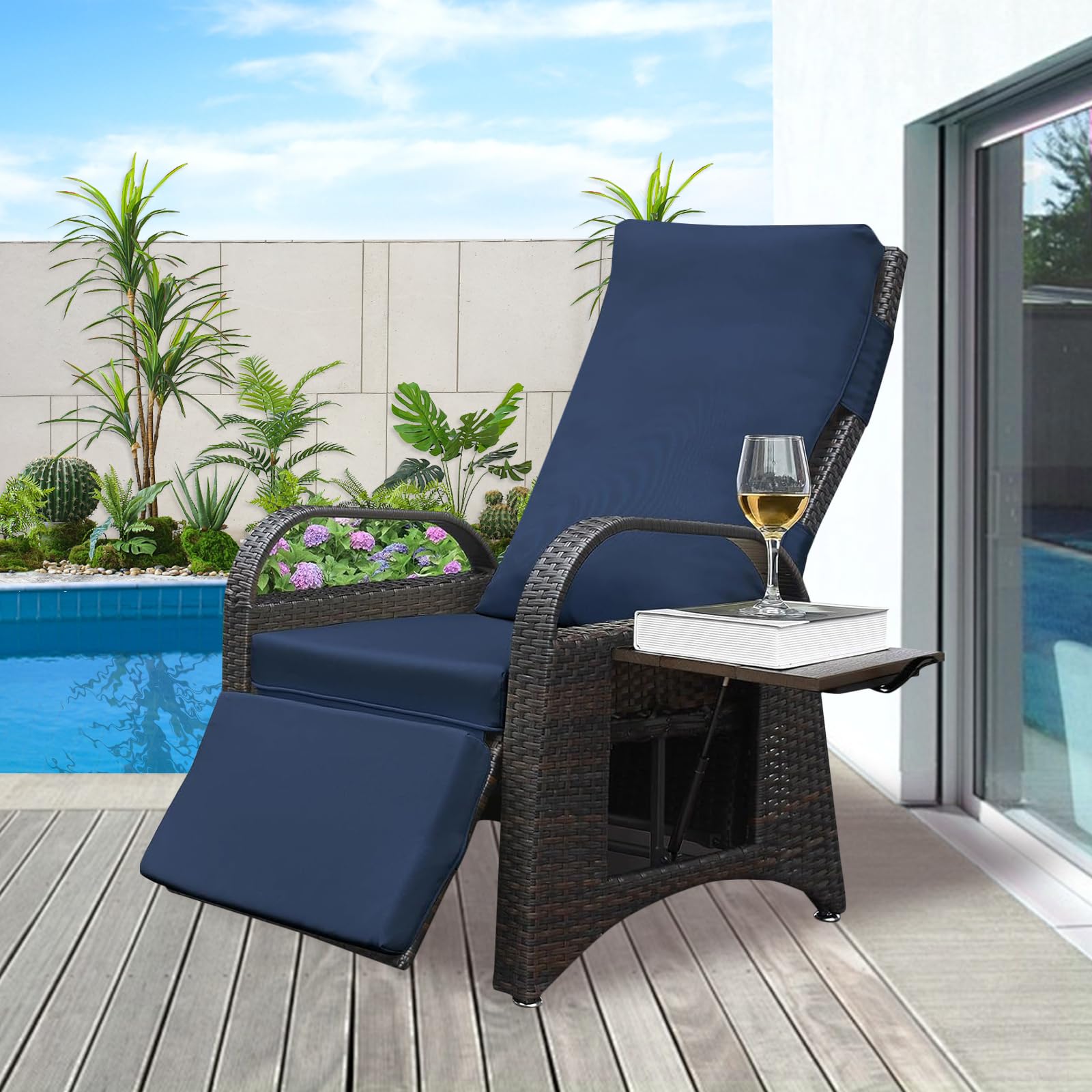 cinkehome Outdoor Recliner Chair, Independently Adjustable Backrest and Footrest, Patio Reclining Chairs, Hand-Woven Wicker Recliner Chairs with Flip Table, Removable Cushion