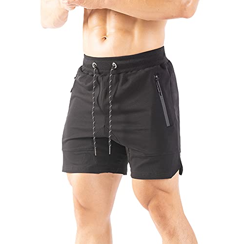 Gerlobal Men's 5" Gym Workout Shorts Fitted Running Athletic Bodybuilding Shorts for Men with Zipper Pockets Black,Large