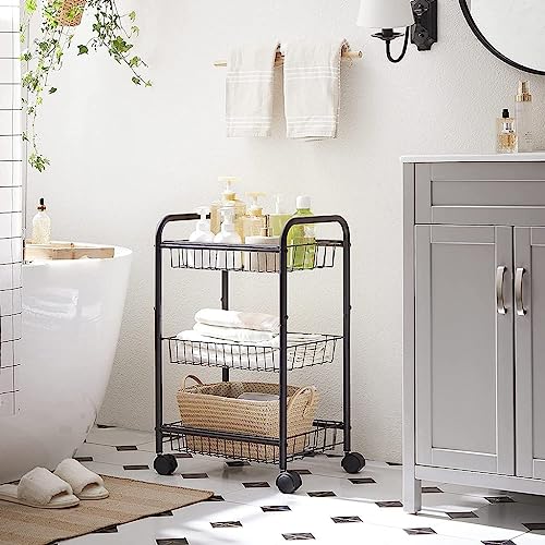SONGMICS 3-Tier Metal Rolling Cart, Storage Cart with Removable Baskets, Utility Cart with Wheels and Handle, for Kitchen, Bathroom, Laundry Room, Black, UBSC03BK