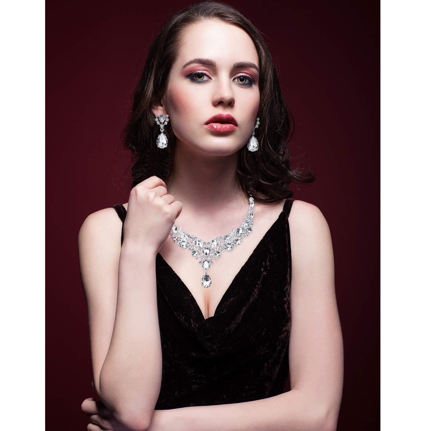 Hicarer Bridal Teardrop Cluster Crystal Jewelry Set for Women Necklace Earrings Wedding (Silver)