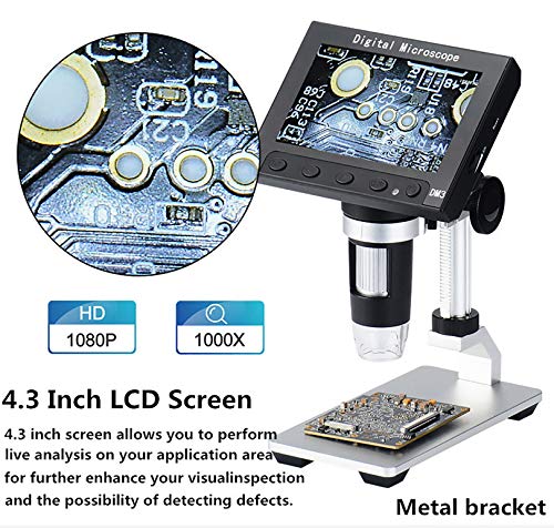 Vilihy LCD Digital Microscope, 4.3 inch 50X-1000X Magnification Zoom HD 1080P 5 Megapixels Compound 2000 mAh Battery USB Microscope 8 Adjustable LED Light Video Camera Microscope