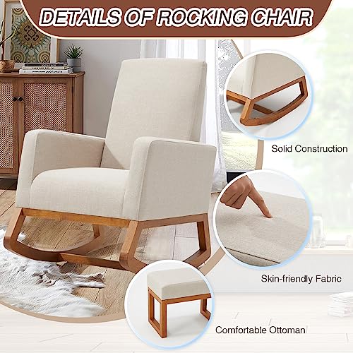 YOLENY Rocking Chair with Footstool, Upholstered Nursery Glider Rocker, Modern Accent Rocking Lounge Chair, Comfy High Back, Linen Armchair,Beige