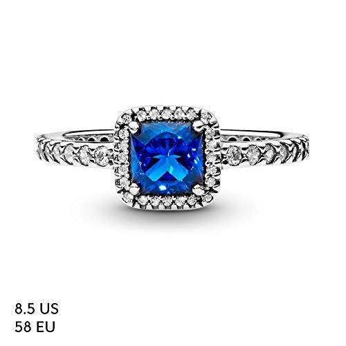Pandora Jewelry Blue Square Sparkle Halo Crystal and Cubic Zirconia Ring in Sterling Silver, Size 8.5