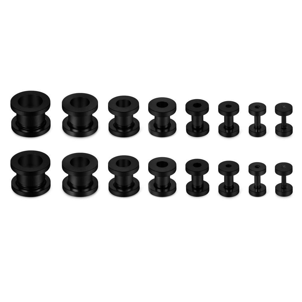 SCERRING 16PCS Screw Ear Tunnels Stretching Kit Stainless Steel Gauge Plugs Expanders Set 14G-00G - Black