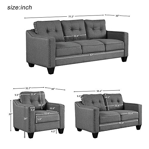 ERYE 3 Pieses Mid-Century Modern Sofa Sets Linen Fabric Tufted Back Sofa&Couch Include 3 Seaters Couch, Loveseat and Armchair with Rivets Rivets for Home Apartment Office Living Room Sets