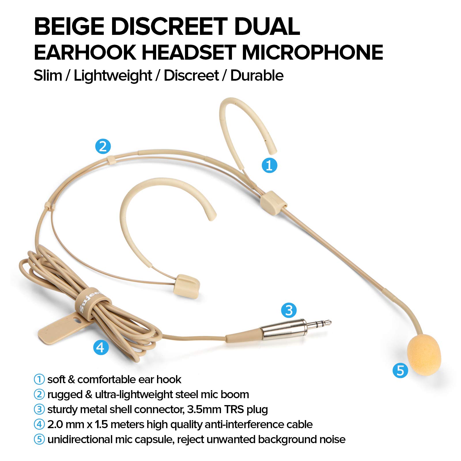 Sujeetec Headset Microphone - Discreet Double Earhook Headworn Mic fits PC Voice Amplifier Wireless Bodypack Transmitters for Lectures, Live Performance, Theater, Podcasts (3.5mm TRS Plug)