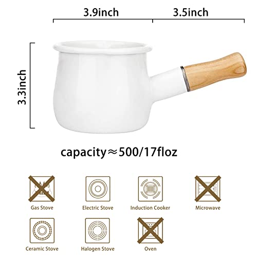 YumCute Home Enamel Milk Pan, Mini Butter Warmer 4 Inch 550ml Enamelware Saucepan Milk Warmer Small Cookware with Wooden Handle, Perfect Size for Heating Smaller Liquid Portions. (White)