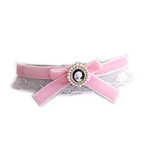 Victorian style lady head peal cameo charm choker necklace, baby pink velvet bow White lace, romantic cute jewelry (35, Pink)
