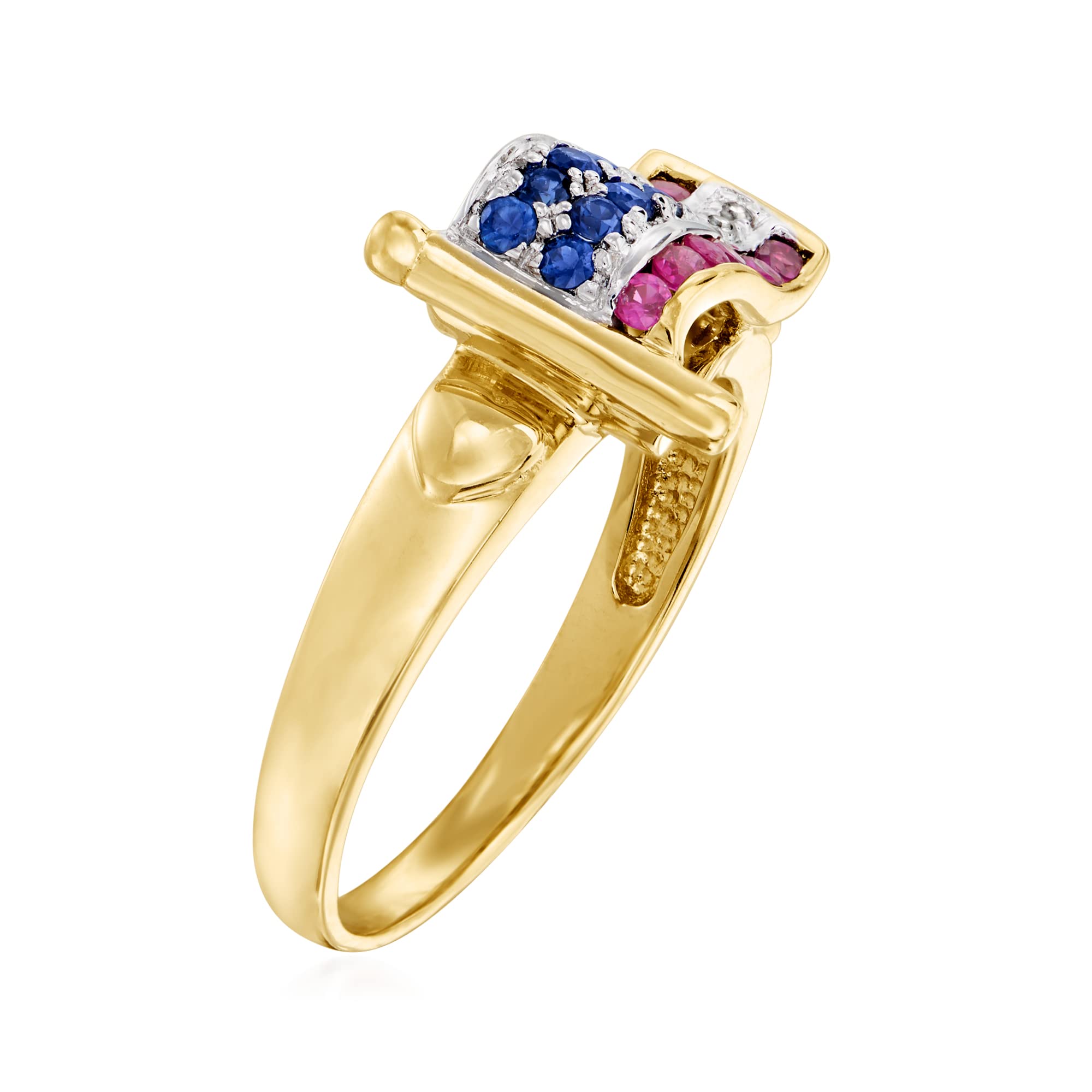 Ross-Simons 0.20 ct. t.w. Ruby and .16 ct. t.w. Sapphire American Flag Ring With Diamond Accents in 18kt Gold Over Sterling. Size 6