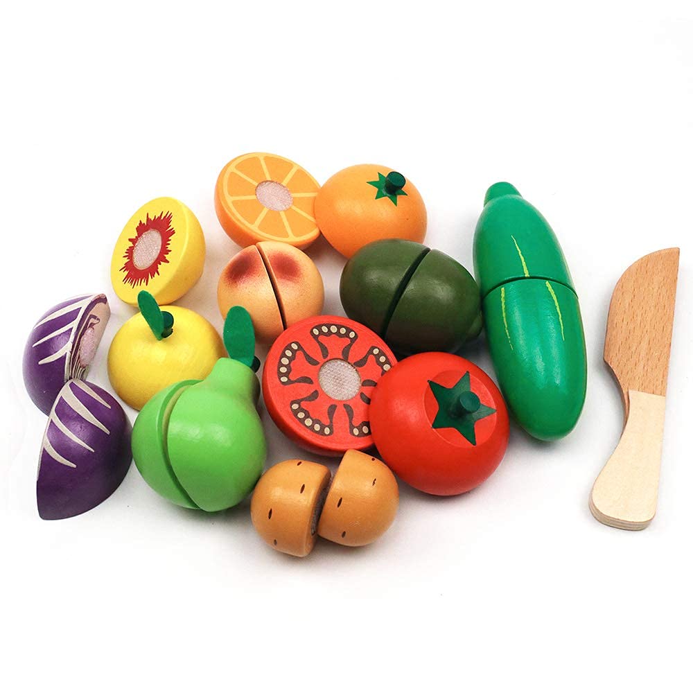 Wooden Cutting Fruit Vegetables Set for Kids - Pretend Play Food Toy Set with Wooden Knife and Tray Learning Toys for Toddlers (Fruit-E)