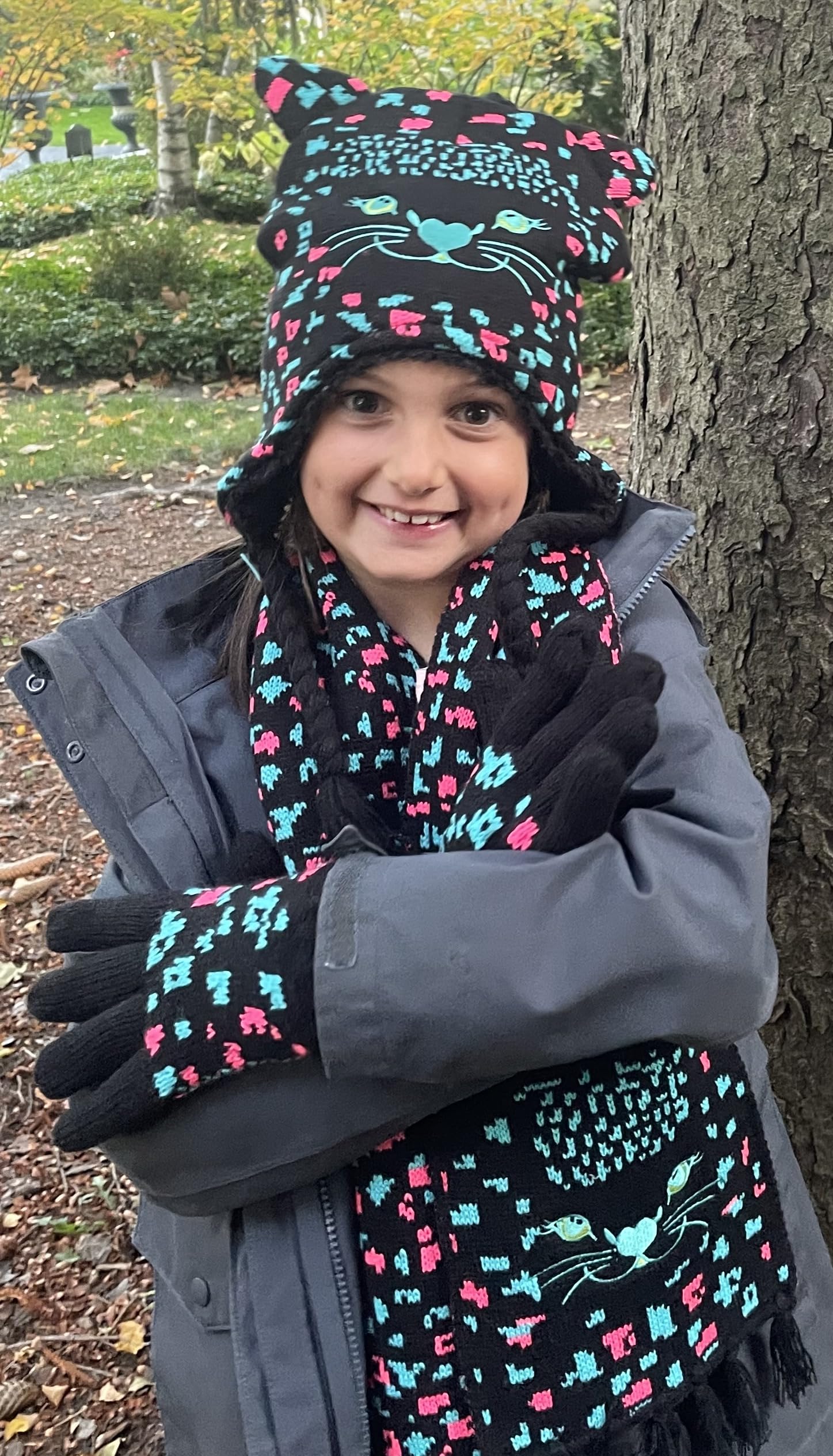 N'Ice Caps Kids Hat Glove Scarf Girls Winter Knit Accessory Set Warm Sherpa Lined 3 Piece (Black Kitten, 4-7 Years)