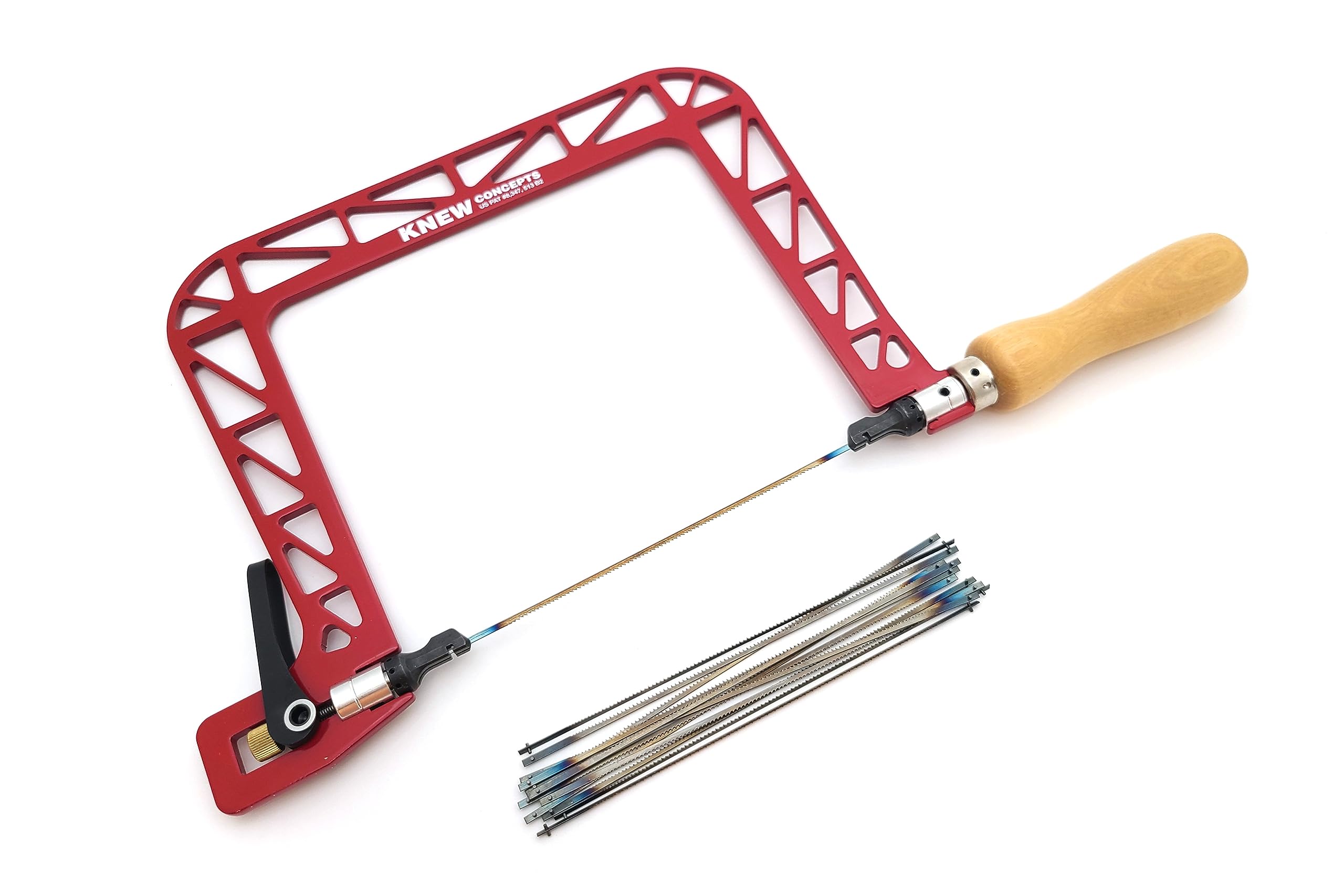 Knew Concepts 125.012 MK IV 6.5 Inch Coping Saw with Cam Lever Tension, Rotating Blade and 12 Each 18 TPI Pegas Pinned Coping Saw Blades