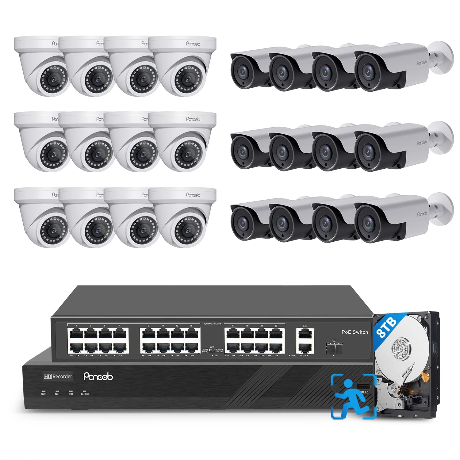 PANOOB 32 Channel PoE Security Camera Systems, 4K/8MP NVR w/8TB HDD - 24pcs 4K 8MP(3840x2160) 3.6mm HD Human Detection Wired Surveillance IP Cameras for 24/7 Business Video Audio Recording