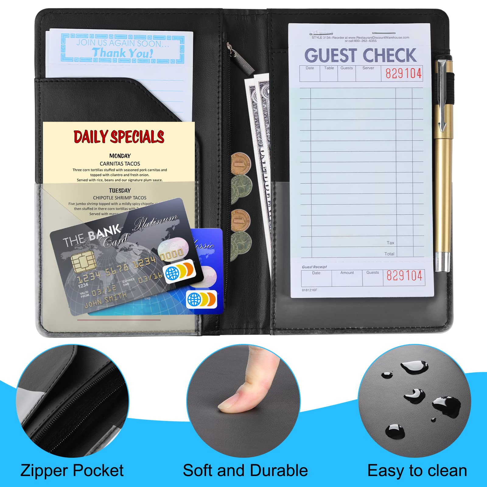 LINTRU Server Books for Waitress, Premium Pu Leather 5 x 8 Inch Servers Book with Zipper Pocket, Waitress Book Fit for Aprons, Check Presenters for Restaurants (A-Pink)
