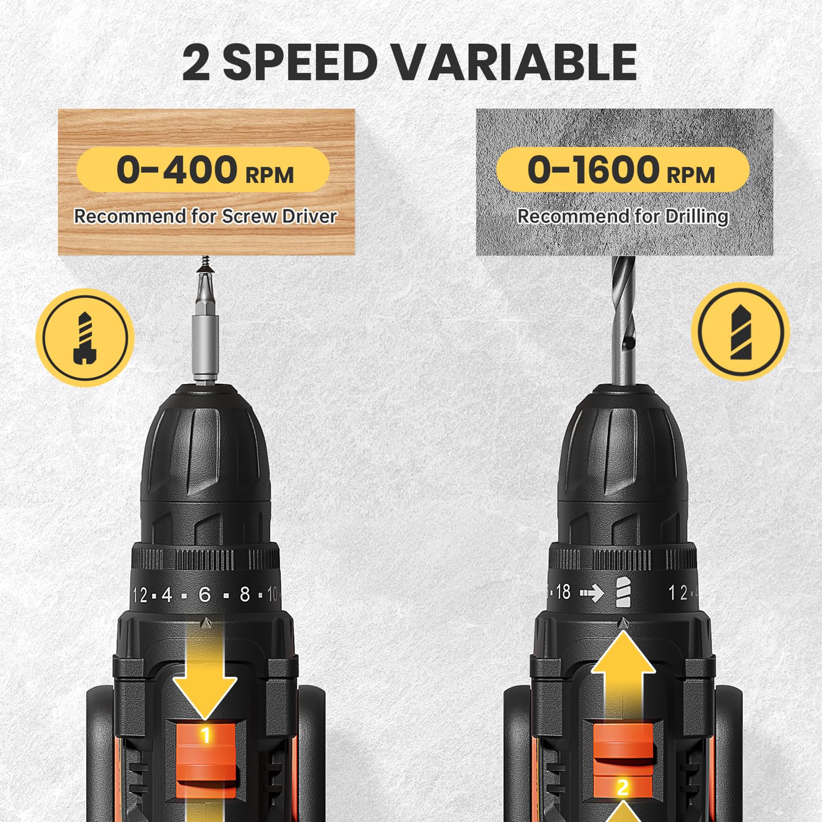Cordless Drill 20V, Drill Set with 42pcs Accessories and Battery 2.0Ah, Electric Drill 25+1 Torque Setting, 2 Speed, 3/8" Keyless Chuck, LED Light, Electric Power Drill for Home DIY and Garden Repair
